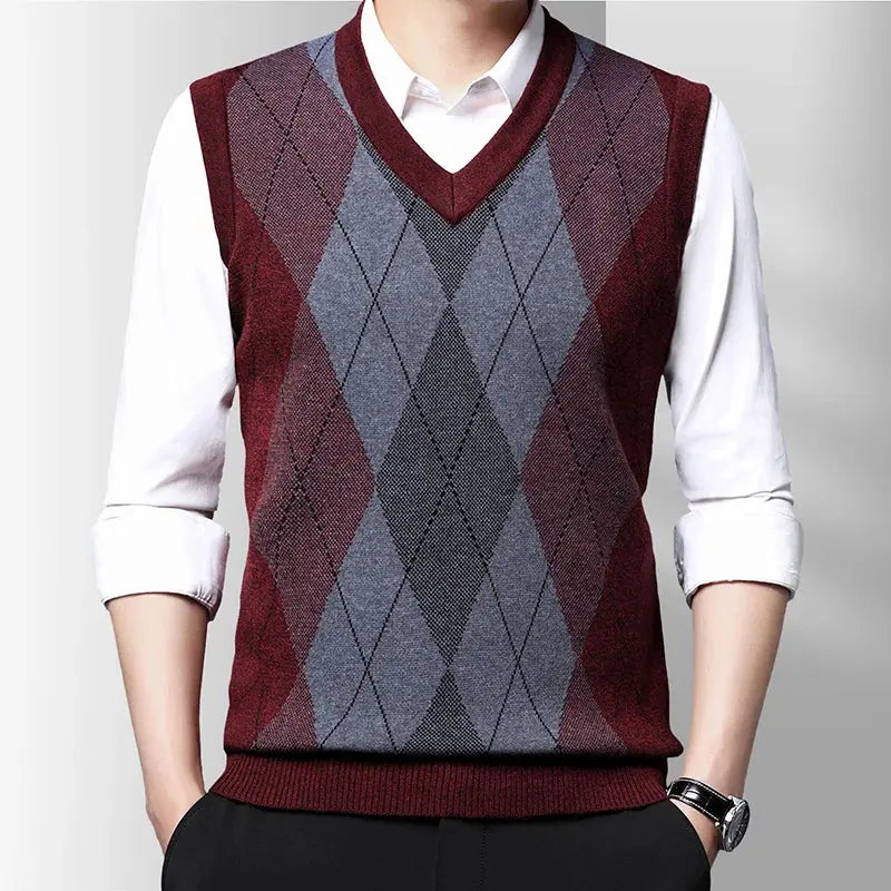 Men’s Knitted Vest – Diamond Pattern – V-Neck – Standard Fit – Smart C ...